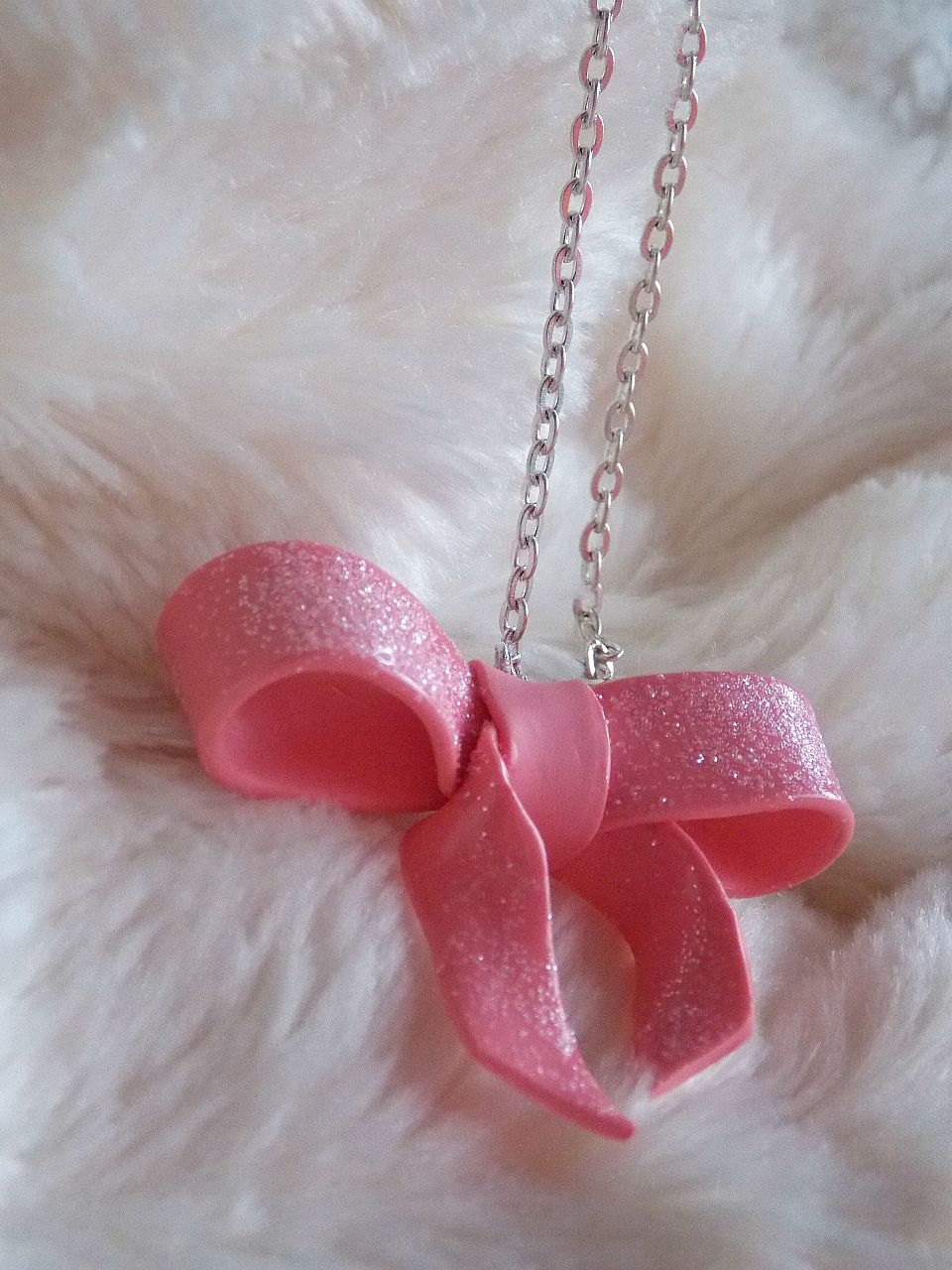 Pink Bow Glitter Shiny Sparkle Necklace - Vintage Bow Necklace - Ribbon ...