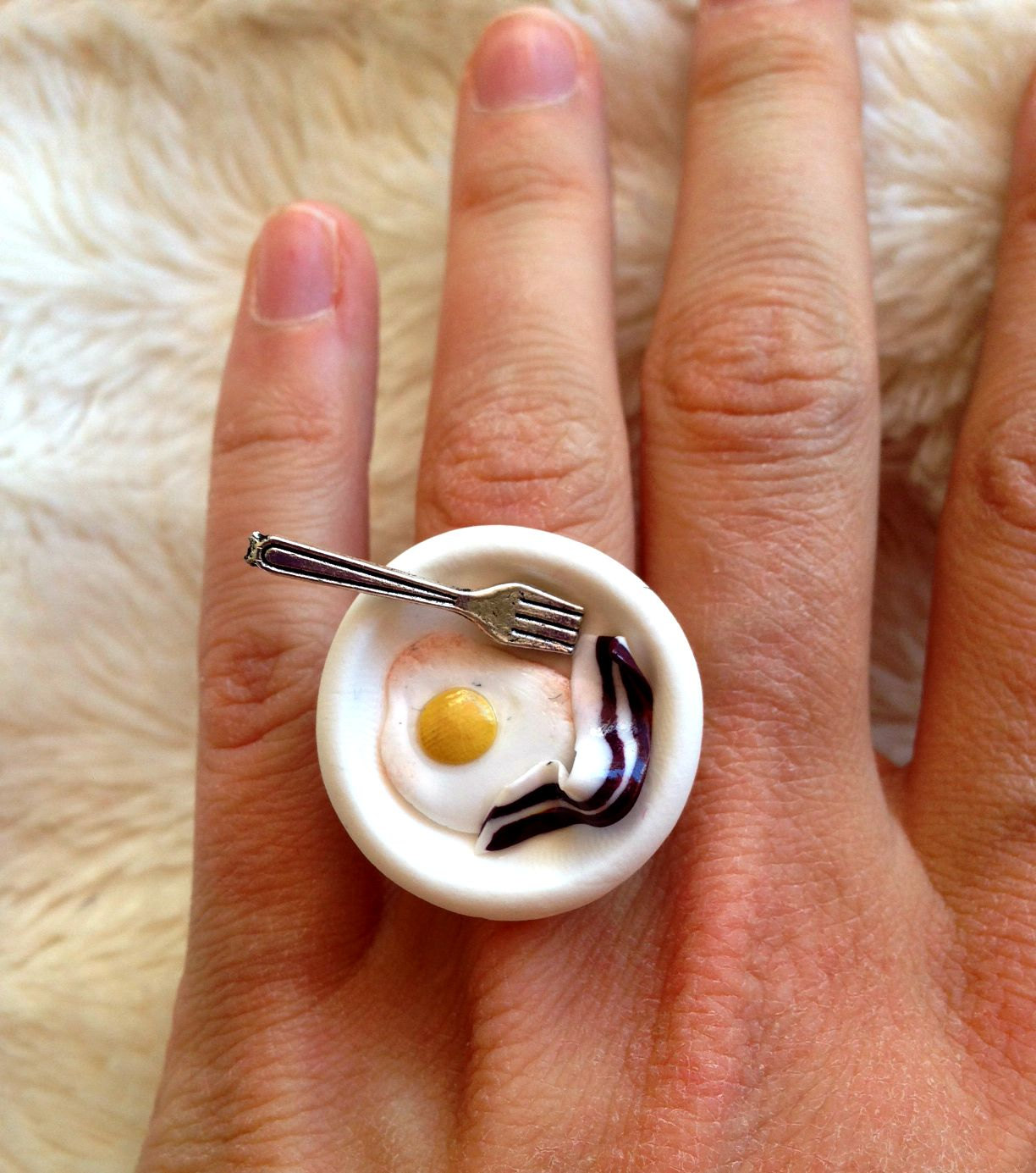 Cute Ring - Food Ring - Fried Egg And Bacon Ring - Miniature Fimo Ring ...