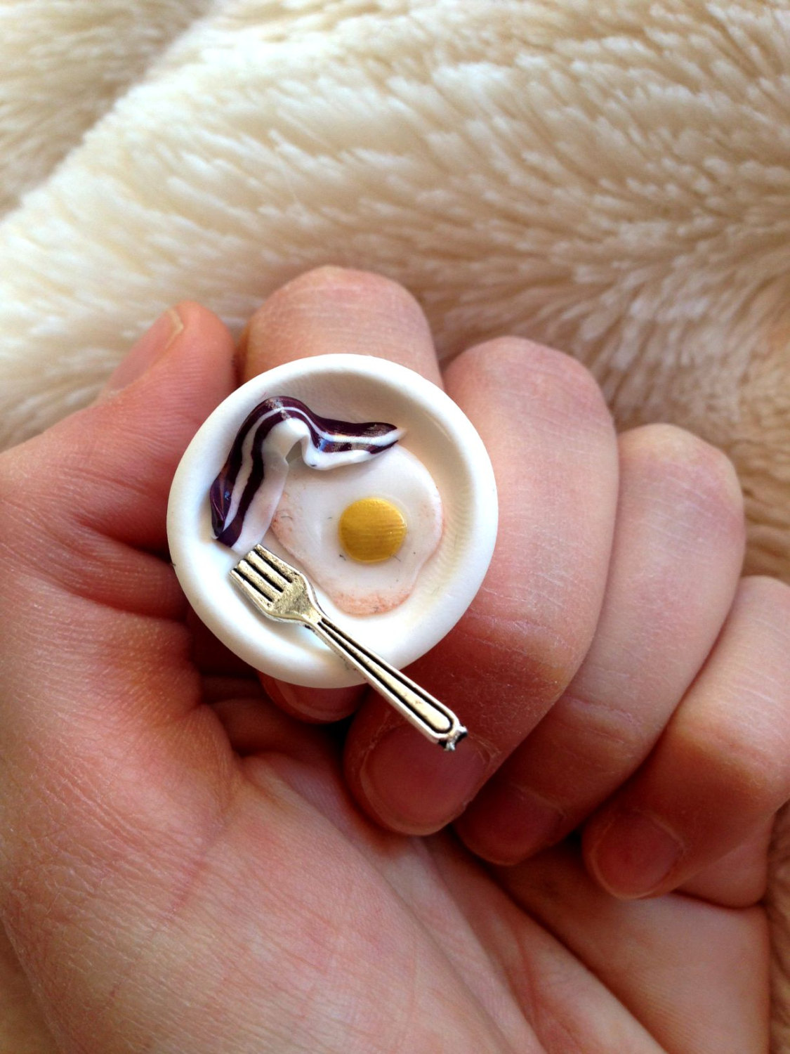 Cute Ring - Food Ring - Fried Egg And Bacon Ring - Miniature Fimo Ring ...