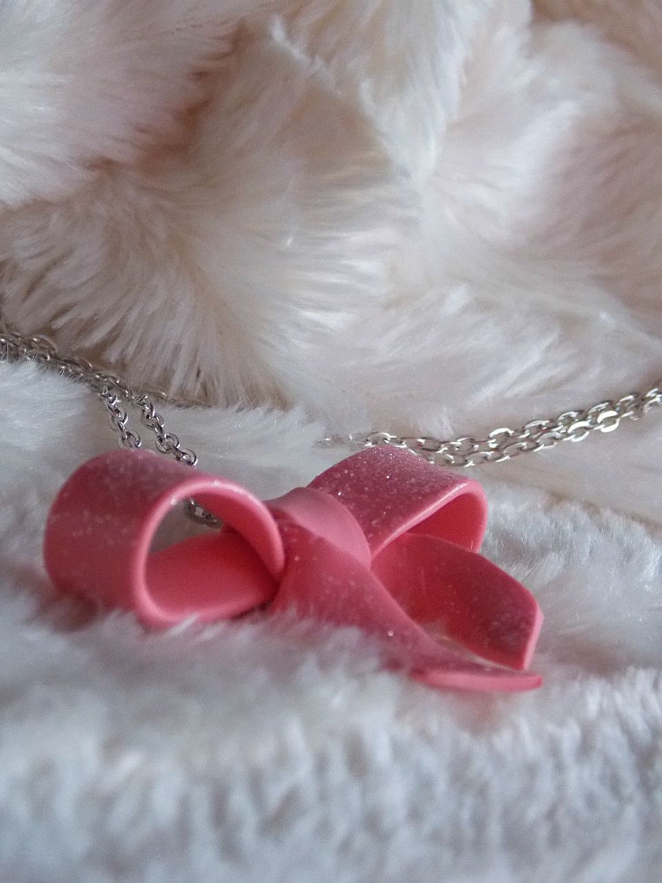 Pink Bow Glitter Shiny Sparkle Necklace - Vintage Bow Necklace - Ribbon ...